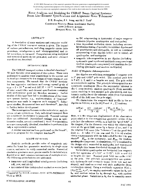 (PDF) Error Analyses and Modeling for CEBAF Beam Optical Systems: Beam ...
