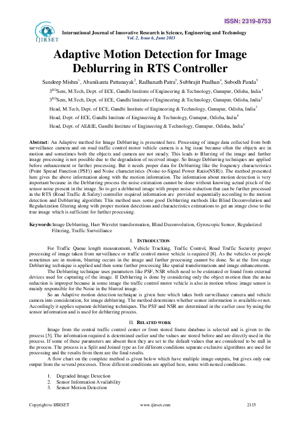(PDF) Adaptive Image Deblurring for Motion Detection