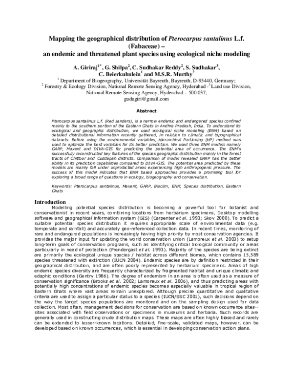 (PDF) Mapping the geographical distribution of Pterocarpus santalinus Lf (Fabaceae)–an endemic ...