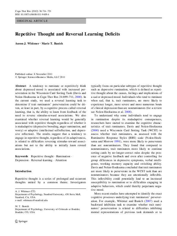 (PDF) Repetitive Thought and Reversal Learning Deficits