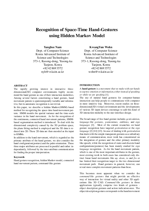 (PDF) Recognition of space-time hand-gestures using hidden Markov model