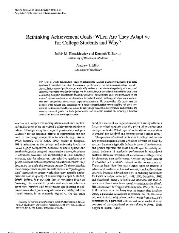 (PDF) Rethinking achievement goals: When are they adaptive for college ...