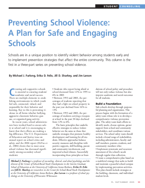(PDF) Preventing school violence: A Plan for safe and engaging schools