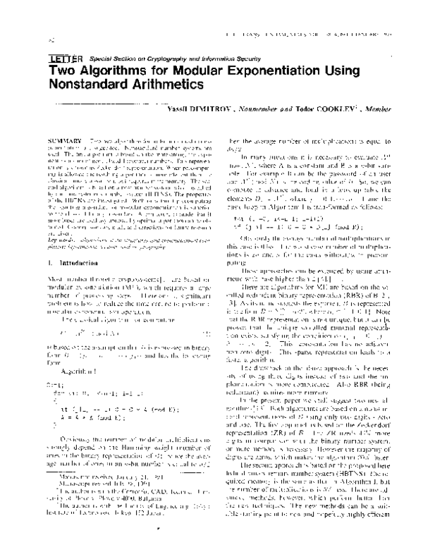 (PDF) Two algorithms for modular exponentiation using nonstandard ...