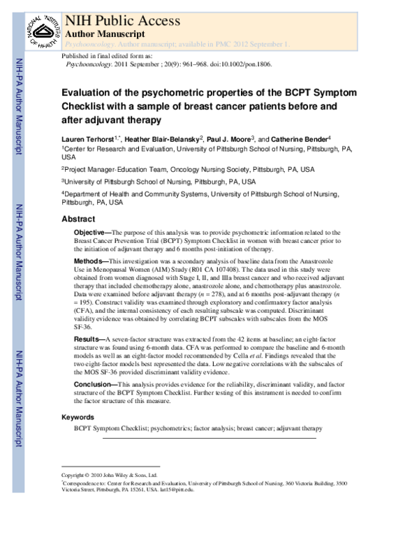 Evaluation of the psychometric properties of the BCPT Symptom Checklist ...