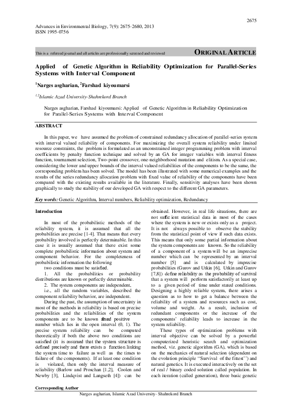 (PDF) Applied of Genetic Algorithm in Reliability Optimization for Parallel-Series Systems with ...