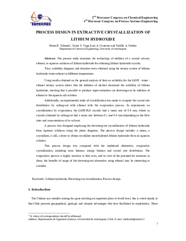 (PDF) Process Design in Extractive Crystallization of Lithium Hydroxide