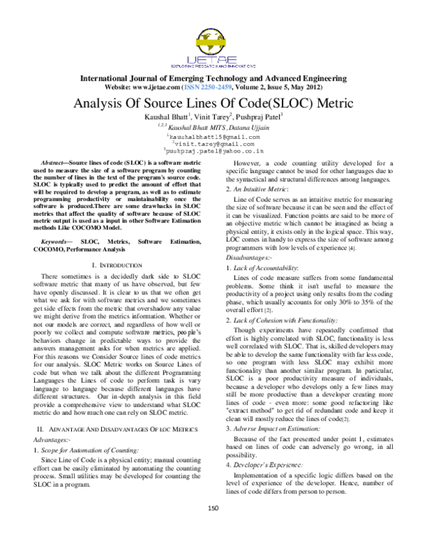(PDF) Analysis Of Source Lines Of Code(SLOC) Metric
