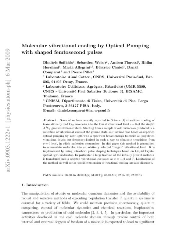 (PDF) Molecular vibrational cooling by optical pumping with shaped ...