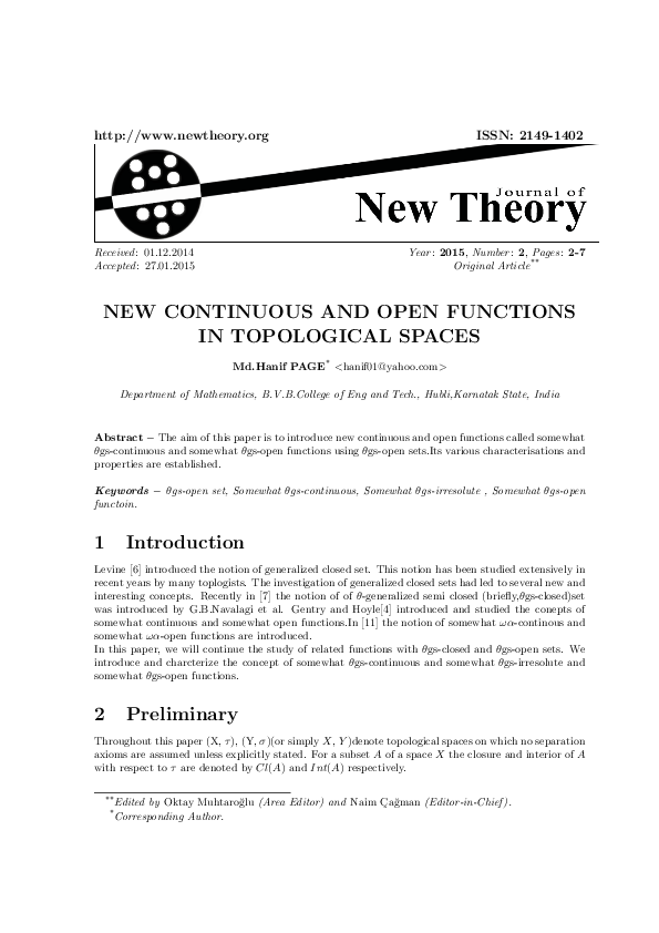 (PDF) New Continuous and Open Functions in Topological Spaces