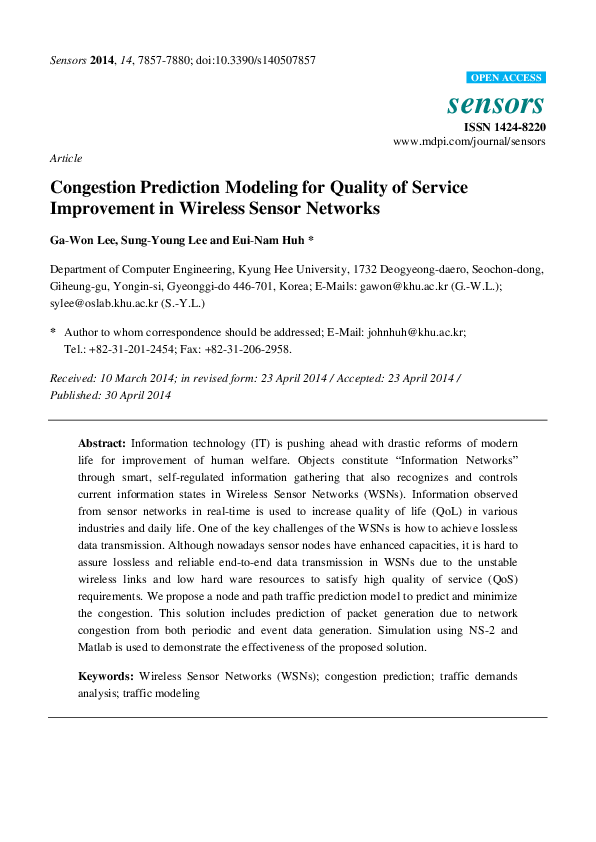 (PDF) Congestion Prediction Modeling for Quality of Service Improvement in Wireless Sensor ...