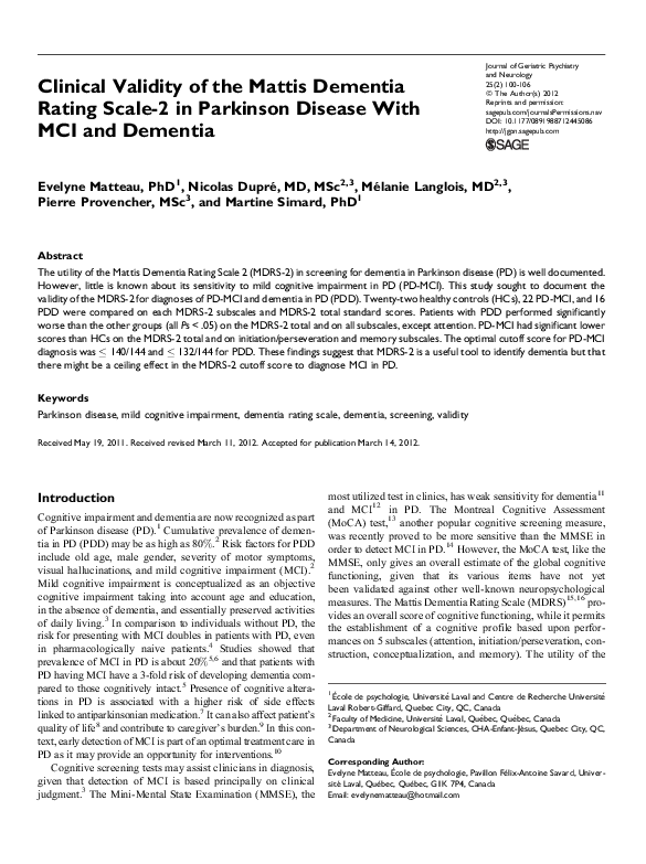 (PDF) Clinical Validity of the Mattis Dementia Rating Scale-2 in ...