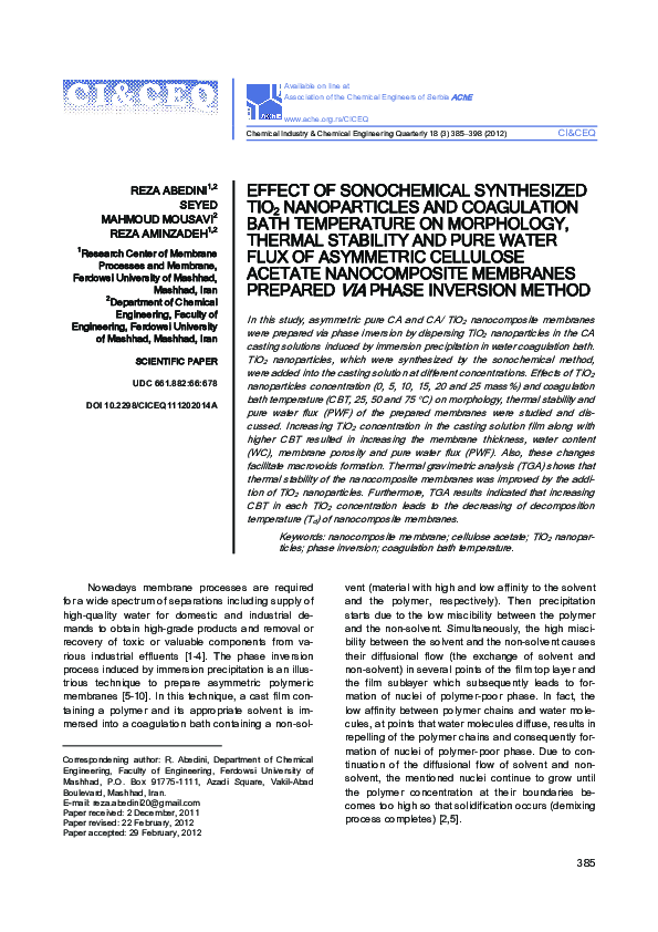 (PDF) TiO2 Nanoparticles in CA Membranes: Effects on Morphology