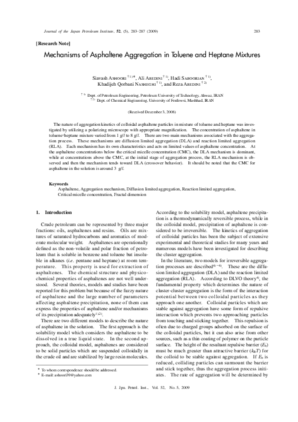 (PDF) Mechanisms of Asphaltene Aggregation in Toluene and Heptane Mixtures