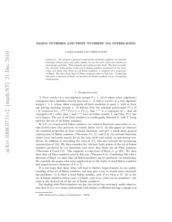 (PDF) Salem Numbers and Pisot Numbers via Interlacing