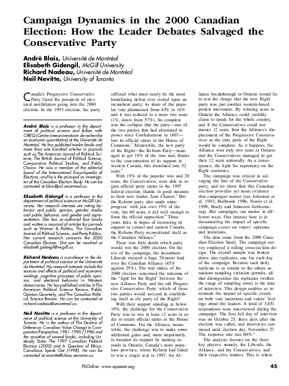 (PDF) Campaign Dynamics in the 2000 Canadian Election: How the Leader ...