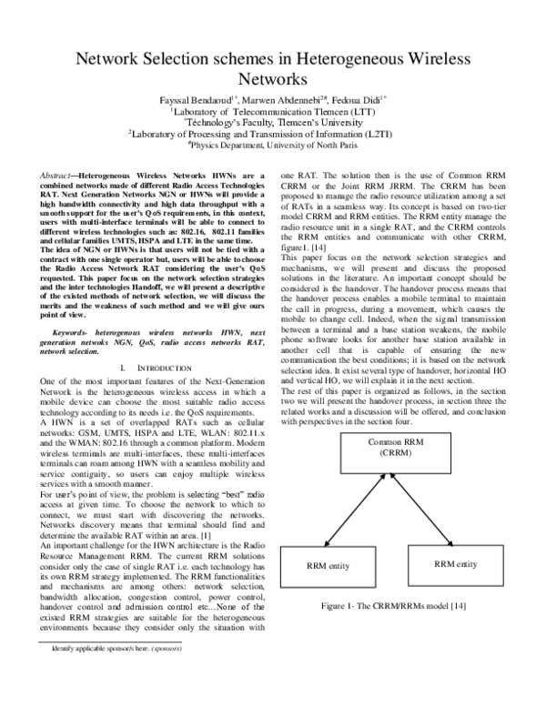 (PDF) Network Selection schemes in Heterogeneous Wireless Networks
