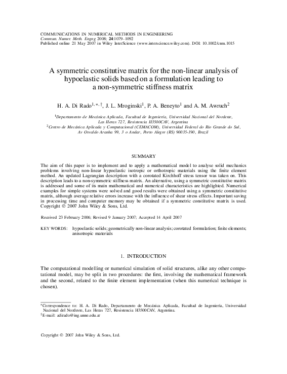 (PDF) A symmetric constitutive matrix for the non-linear analysis of hypoelastic solids based on ...