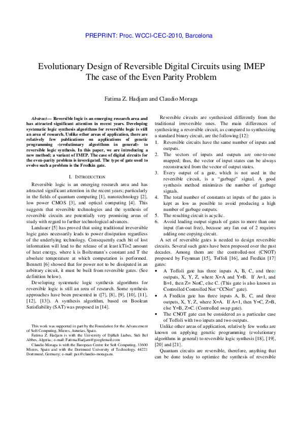 (PDF) Evolutionary design of reversible digital circuits using IMEP the ...