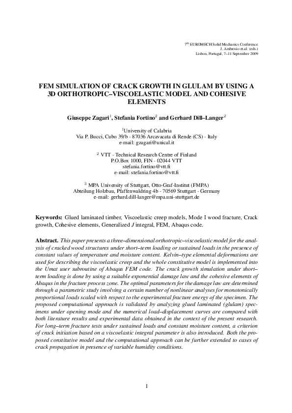 (PDF) FEM Simulation of Crack Growth in Glulam by using a 3D Orthotropic-Viscoelastic Model and ...