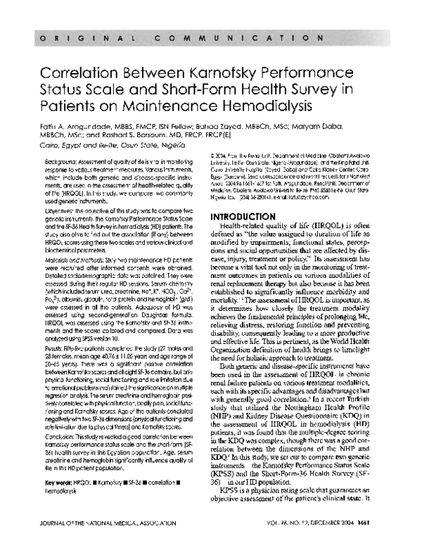 (PDF) Correlation between Karnofsky Performance Status Scale and Short ...