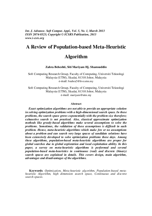 Pdf A Review Of Population Based Meta Heuristic Algorithms Zahra