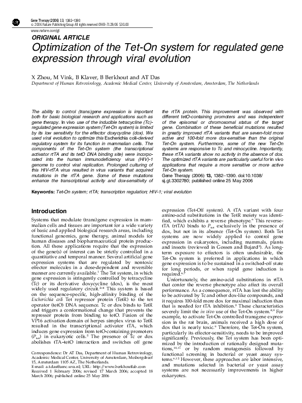 (PDF) Optimization of the Tet-On system for regulated gene expression ...