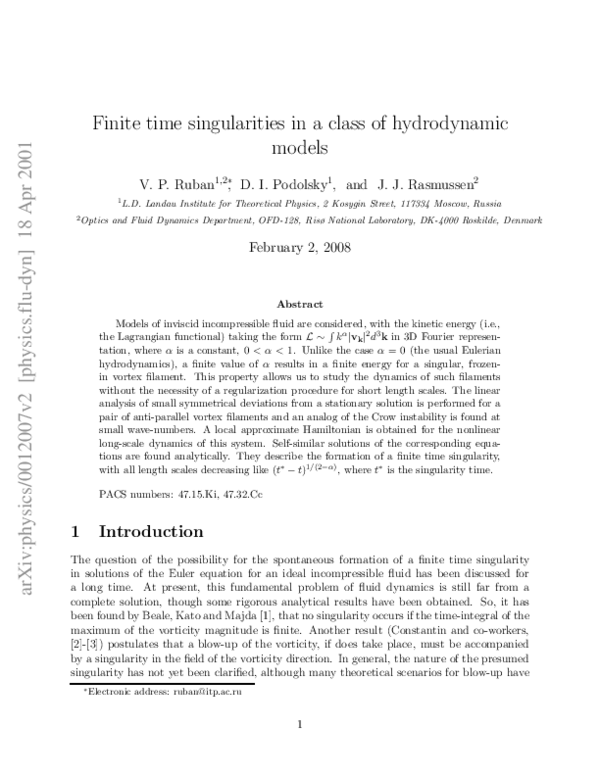 (PDF) Finite time singularities in a class of hydro dynamic models