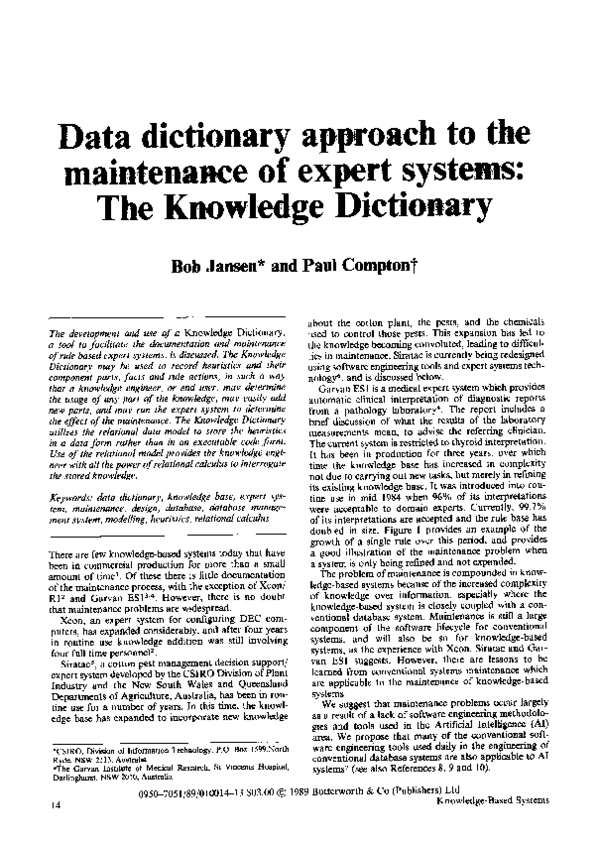 (PDF) Data dictionary approach to the maintenance of expert systems: The Knowledge Dictionary ...