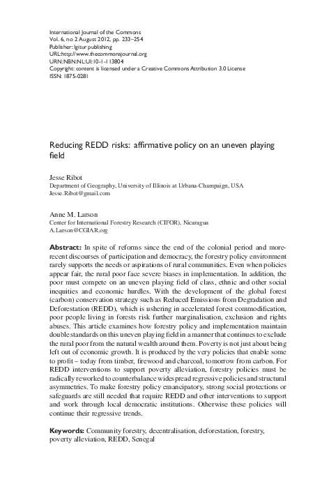 (PDF) Reducing REDD risks: affirmative policy on an uneven playing ...