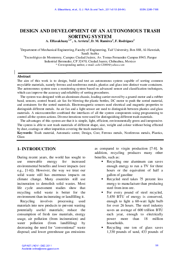 (PDF) Design and Development of an Autonomous Trash Sorting System