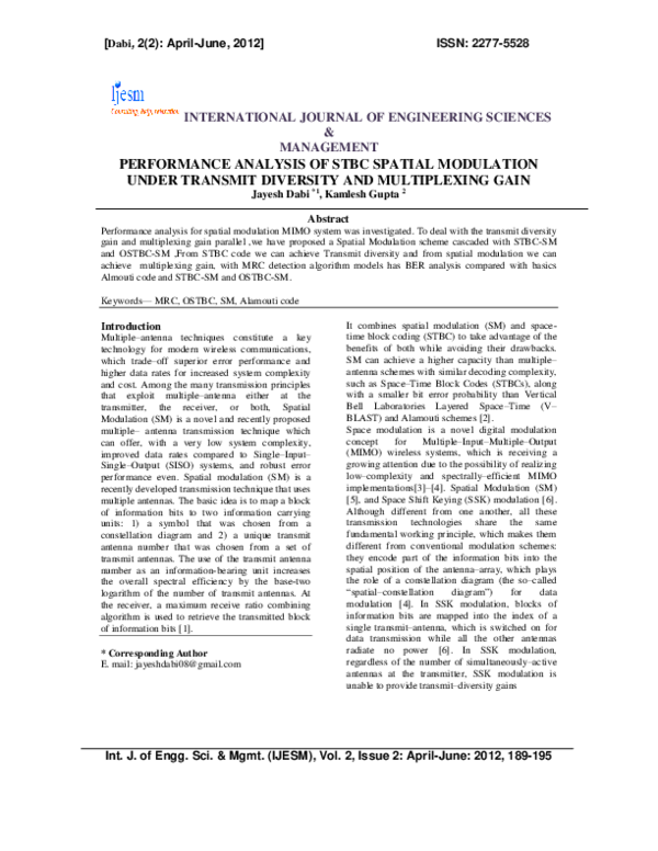 (PDF) Performance Analysis of STBC Spatial Modulation Under Transmit Diversity and Multiplexing ...