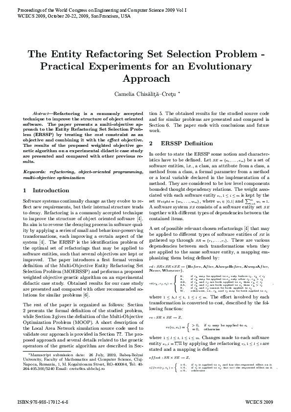 Pdf The Entity Refactoring Set Selection Problem Practical Experiments For An Evolutionary