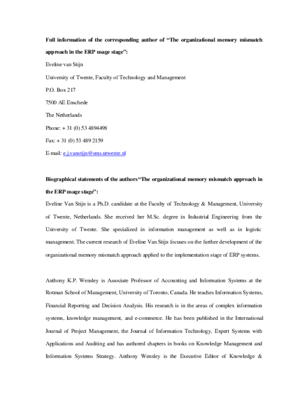 (PDF) The organizational memory mismatch approach in the ERP usage stage
