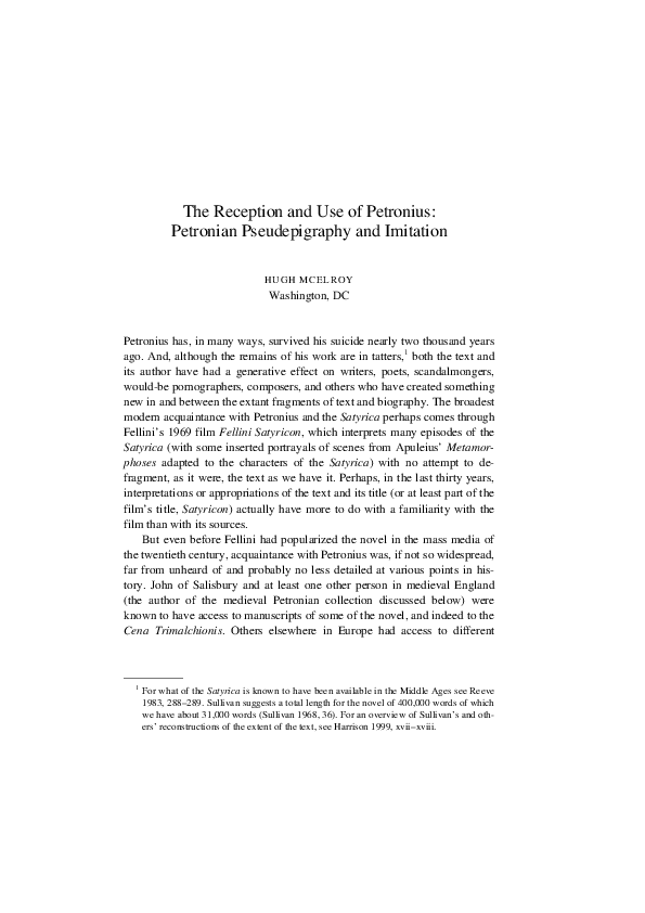 (PDF) The Reception and Use of Petronius: Petronian Pseudepigraphy and ...