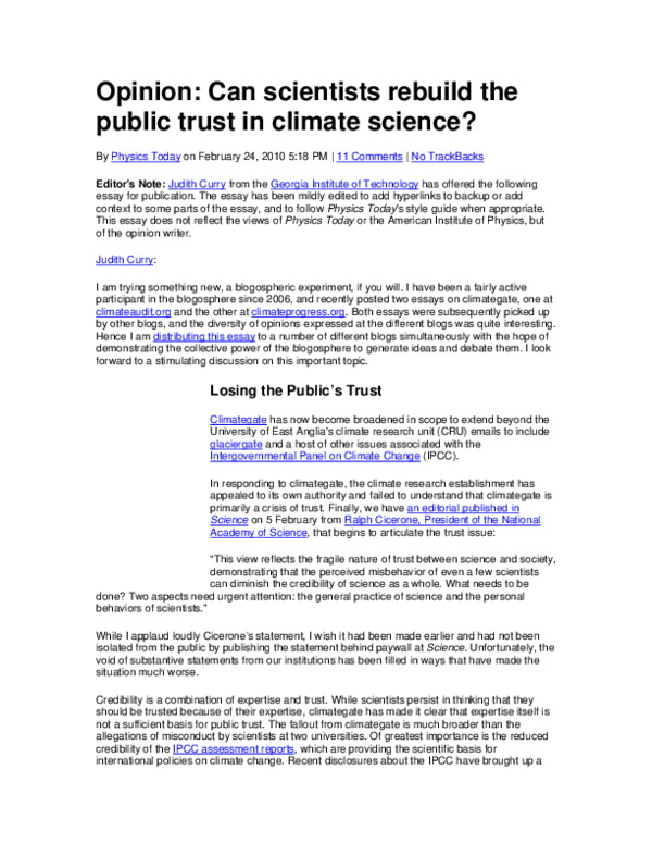 (PDF) Opinion: Can scientists rebuild the public trust in climate science?