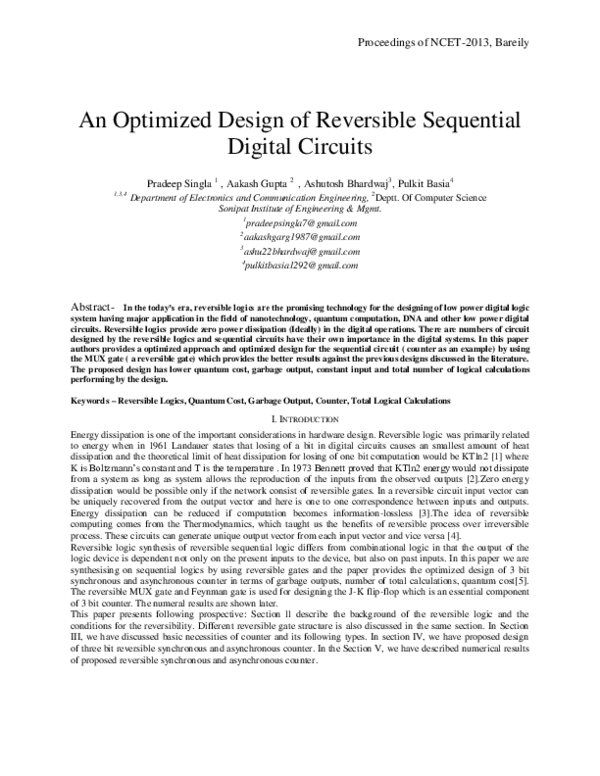 Pdf An Optimized Design Of Reversible Sequential Digital Circuits