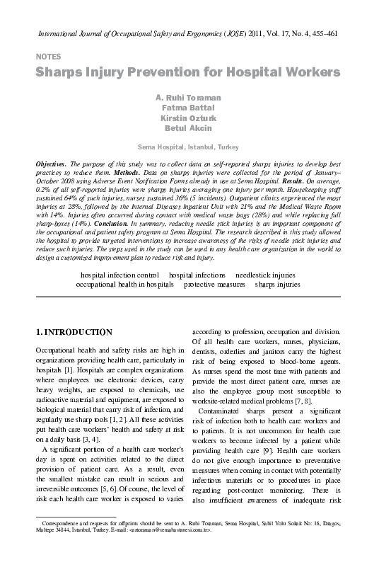(PDF) Sharps Injury Prevention for Hospital Workers