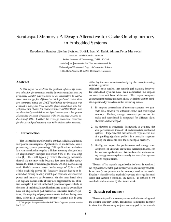 (PDF) Scratchpad memory: design alternative for cache on-chip memory in embedded systems