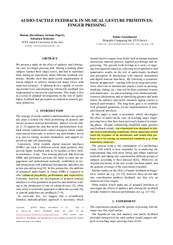 (PDF) Audio-Tactile Feedback In Musical Gesture Primitives: Finger Pressing