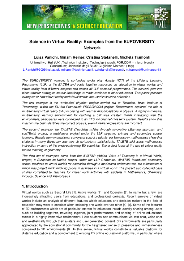 (PDF) Science in Virtual Reality: Examples from the EUROVERSITY Network
