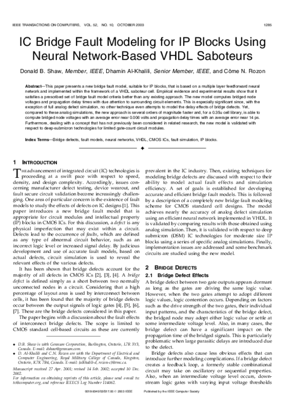 Pdf Ic Bridge Fault Modeling For Ip Blocks Using Neural Network Based