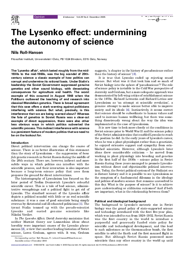 (PDF) The Lysenko effect: undermining the autonomy of science