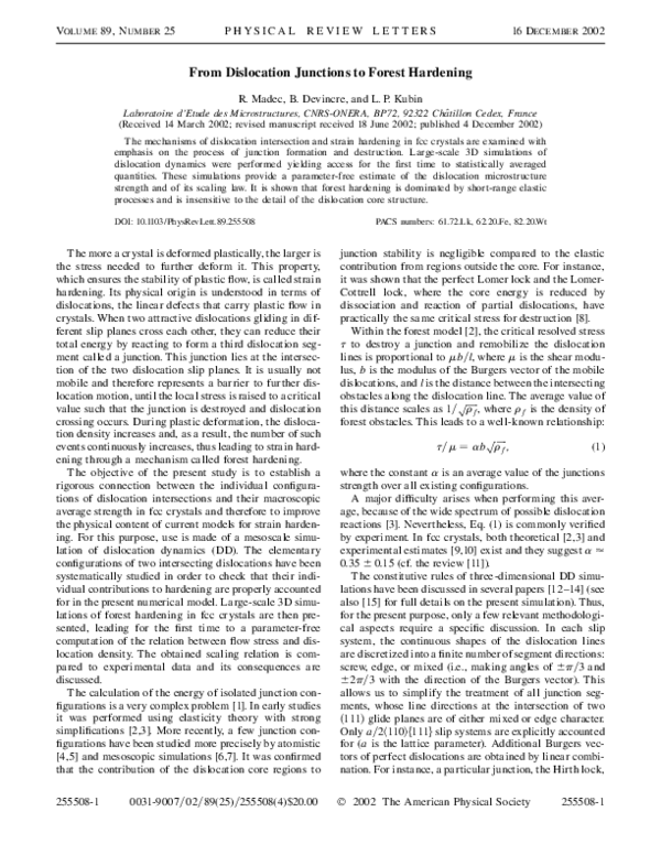 (PDF) From Dislocation Junctions to Forest Hardening