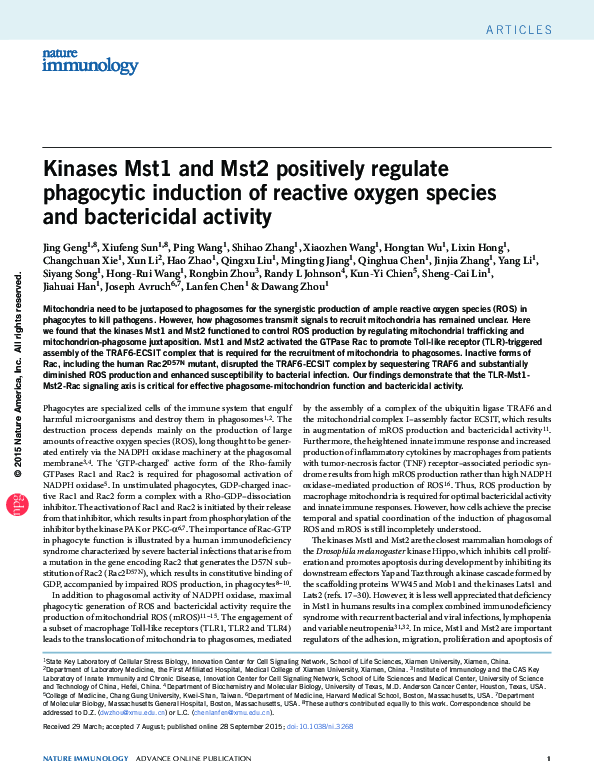 (PDF) Kinases Mst1 and Mst2 positively regulate phagocytic induction of reactive oxygen species ...