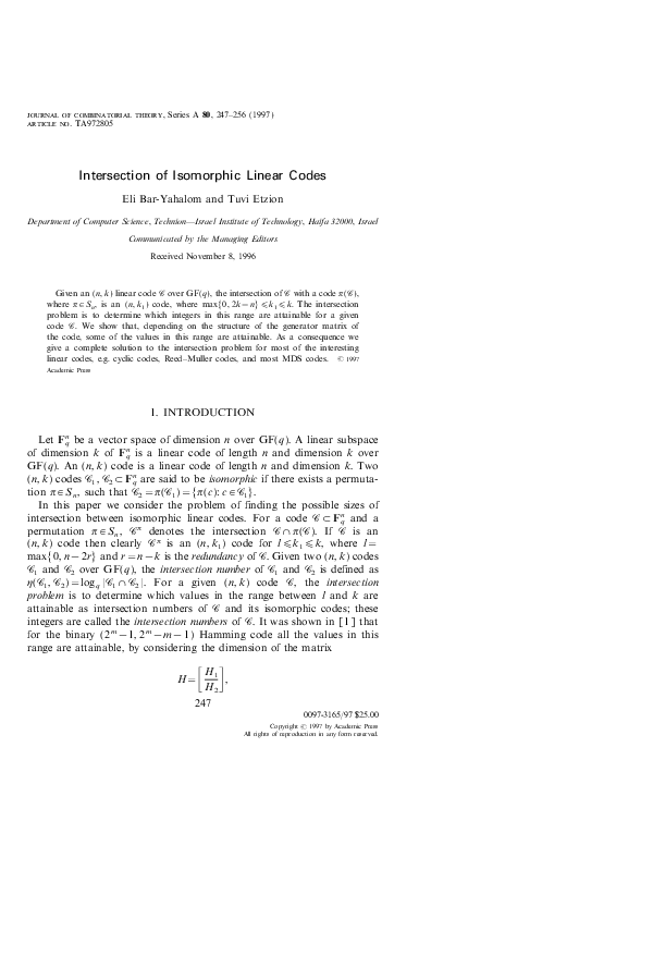 (PDF) Intersection of Isomorphic Linear Codes | Tuvi Etzion - Academia.edu