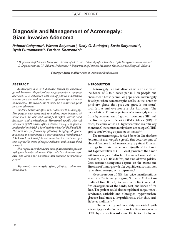 (PDF) Diagnosis and management of acromegaly: giant invasive adenoma