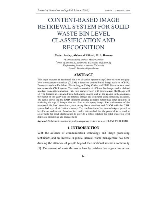 (PDF) Content-Based Image Retrieval System for Solid Waste Bin Level Classification and Recognition