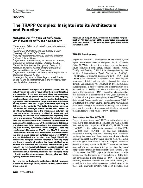 (PDF) The TRAPP Complex: Insights into its Architecture and Function
