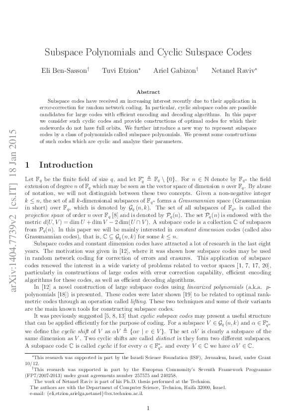 Pdf Subspace Polynomials And Cyclic Subspace Codes 